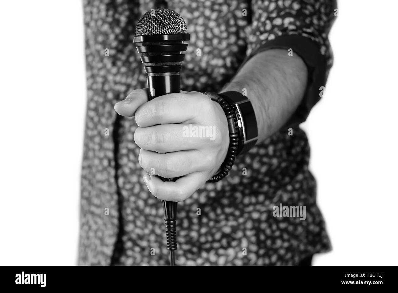 Hand holding microphone mouth singing Black and White Stock Photos ...