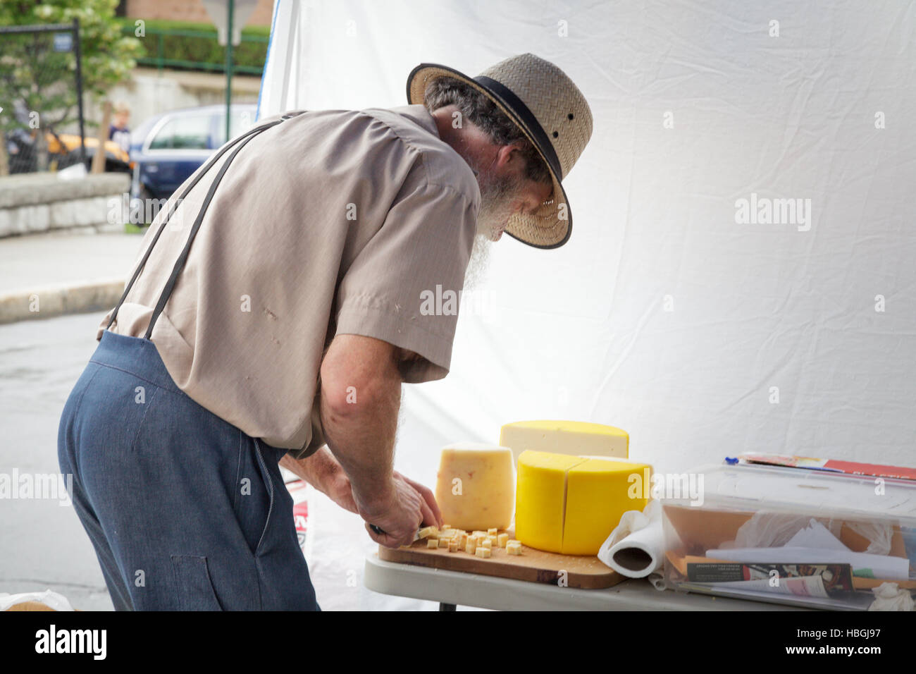Mennonite cheesemaker at annual cheese festival, Little Falls, Herkimer ...