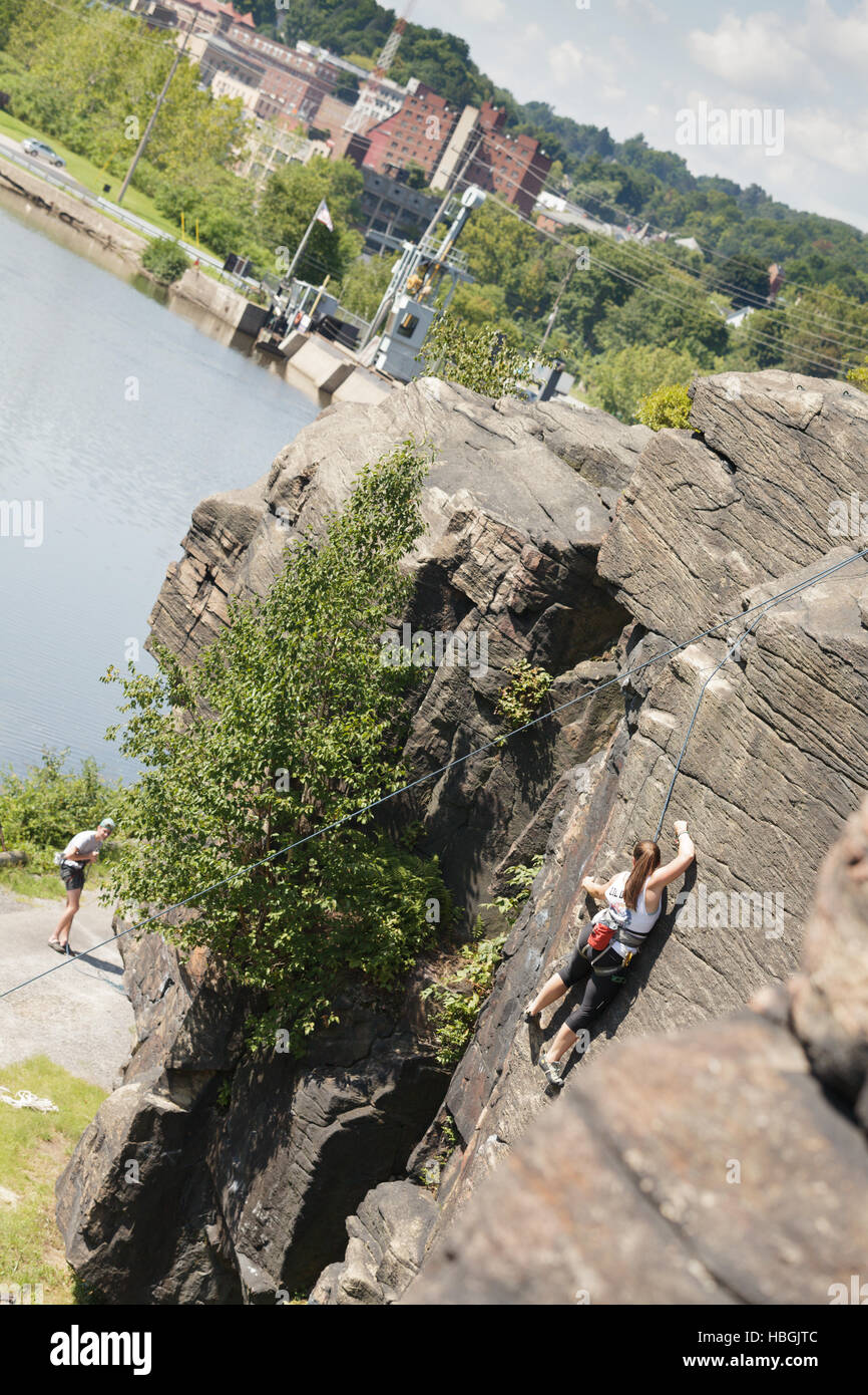 Rock climbers tackle the escarpment on Moss Island, Little Falls, New ...
