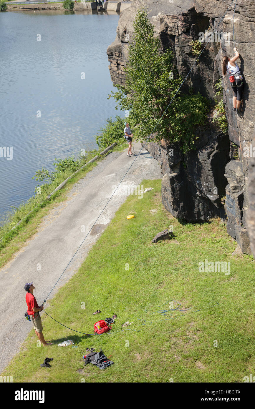 Rock climbers tackle the escarpment on Moss Island, Little Falls, New ...