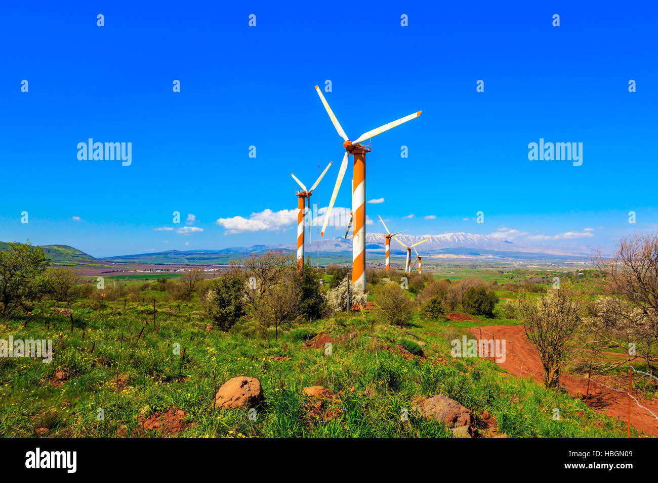 The modern windmills and Mount Hermon Stock Photo - Alamy