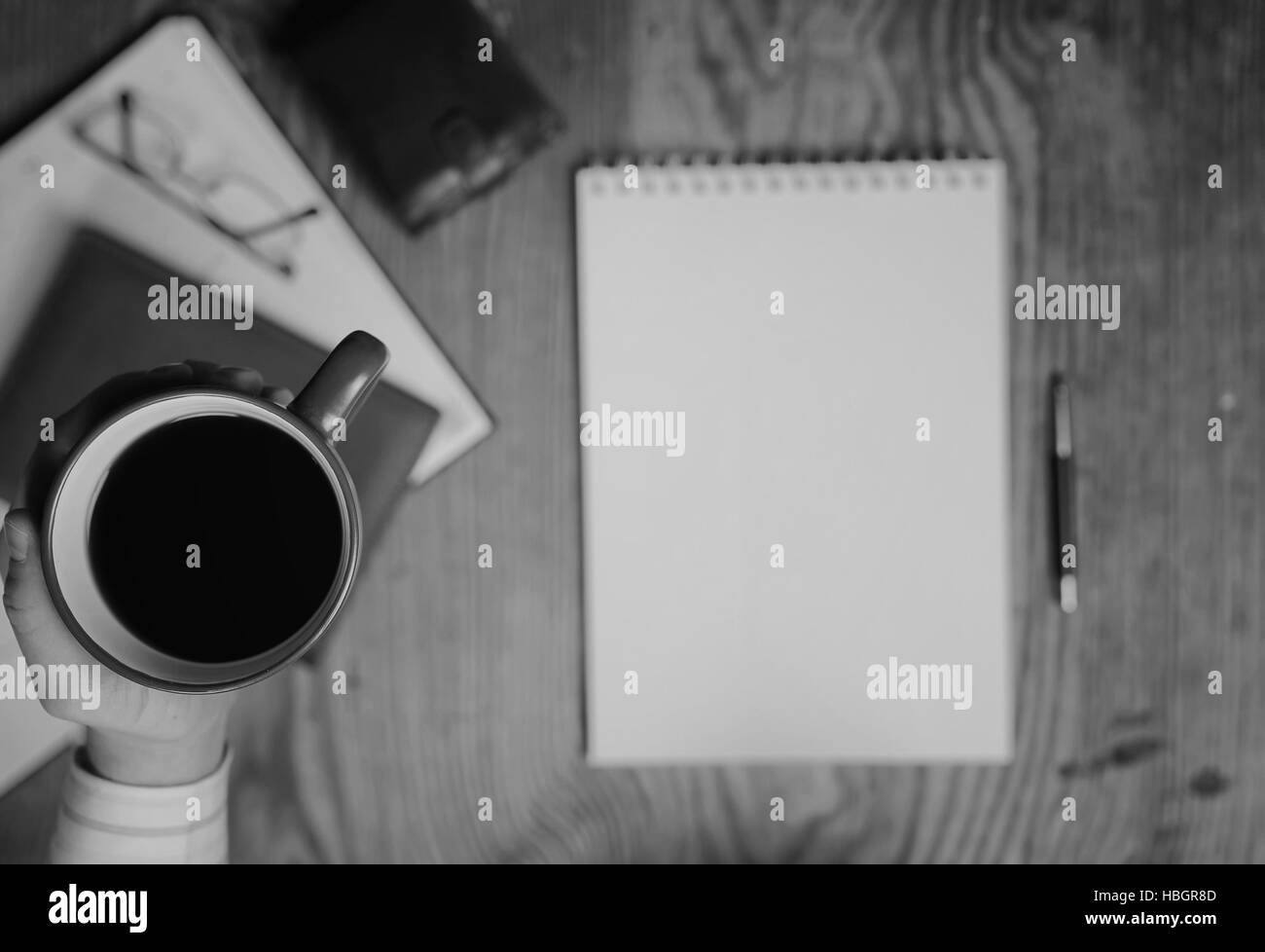 monochrome notebook paper writing tools Stock Photo - Alamy