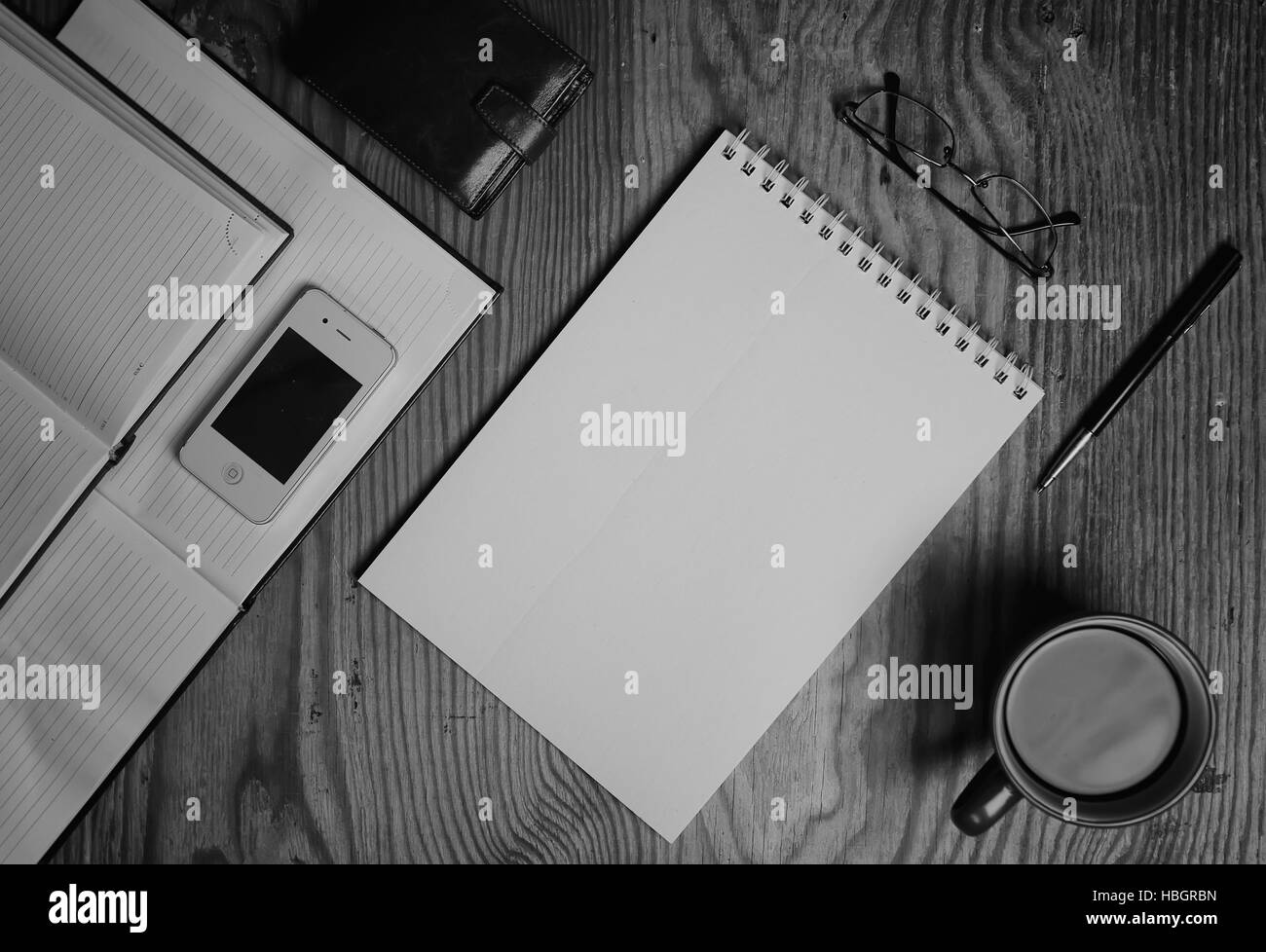 monochrome notebook paper writing tools Stock Photo - Alamy