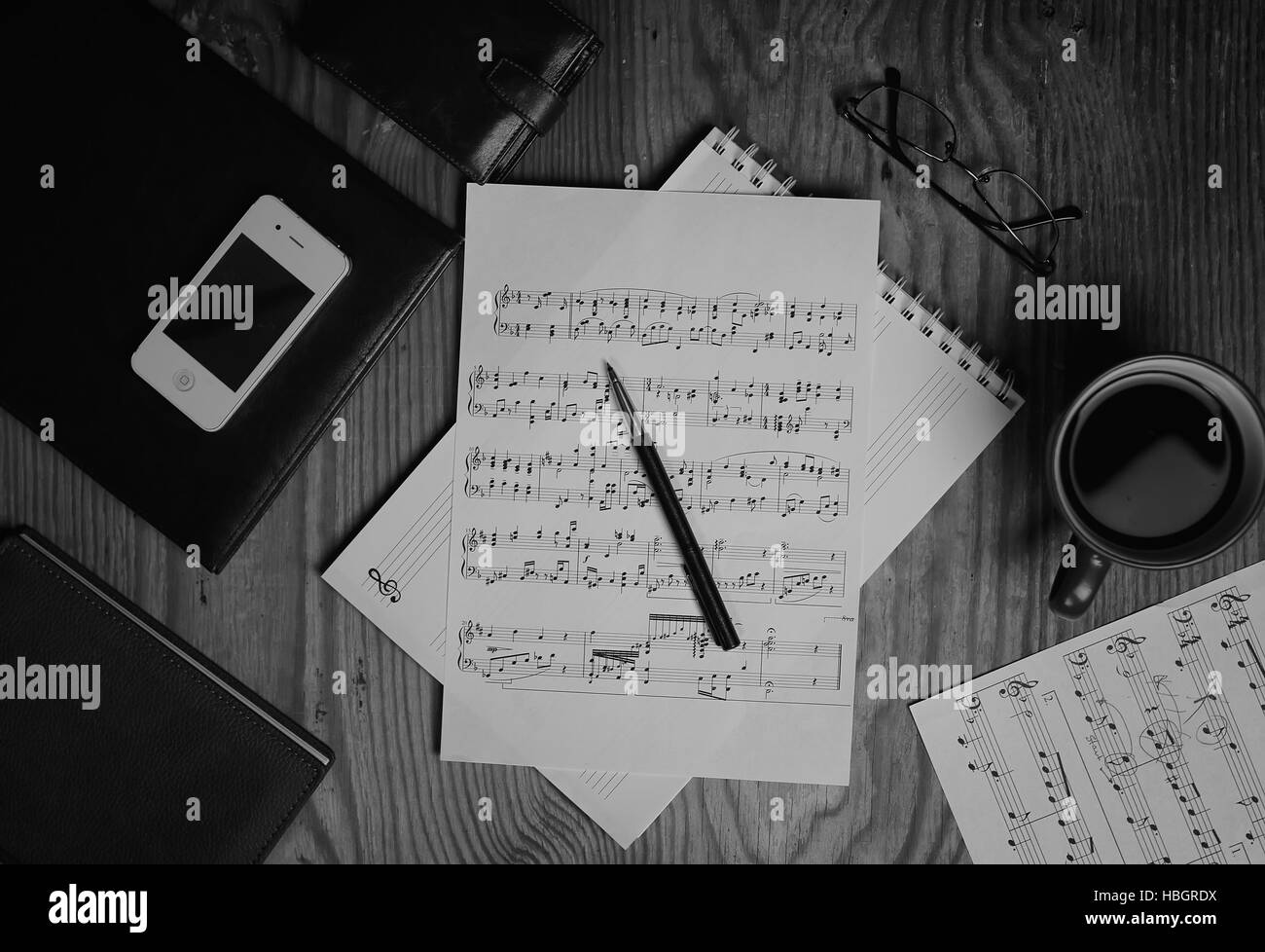 monochrome notebook paper writing tools Stock Photo - Alamy