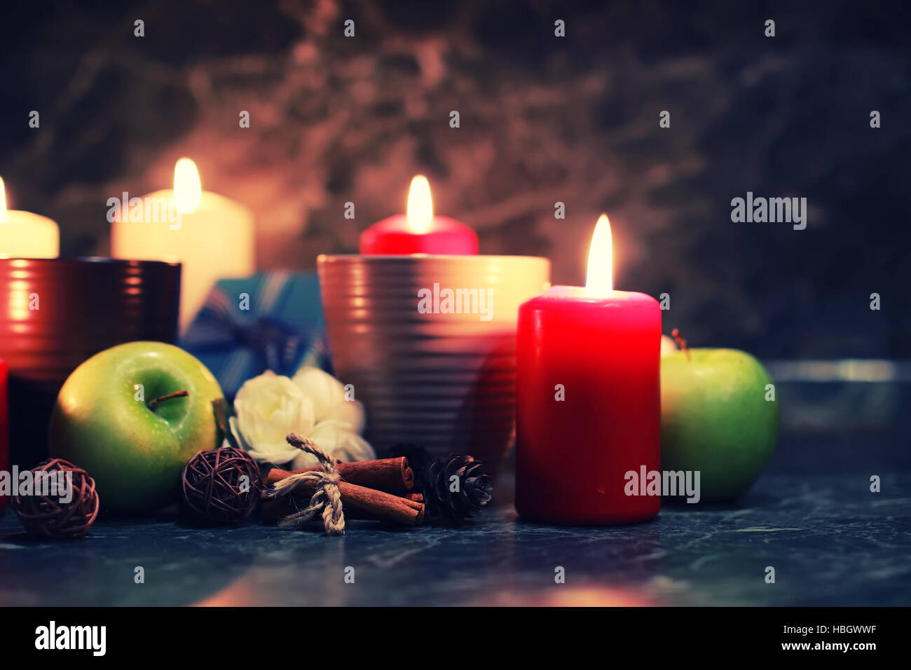 night table with mug and candle Stock Photo - Alamy