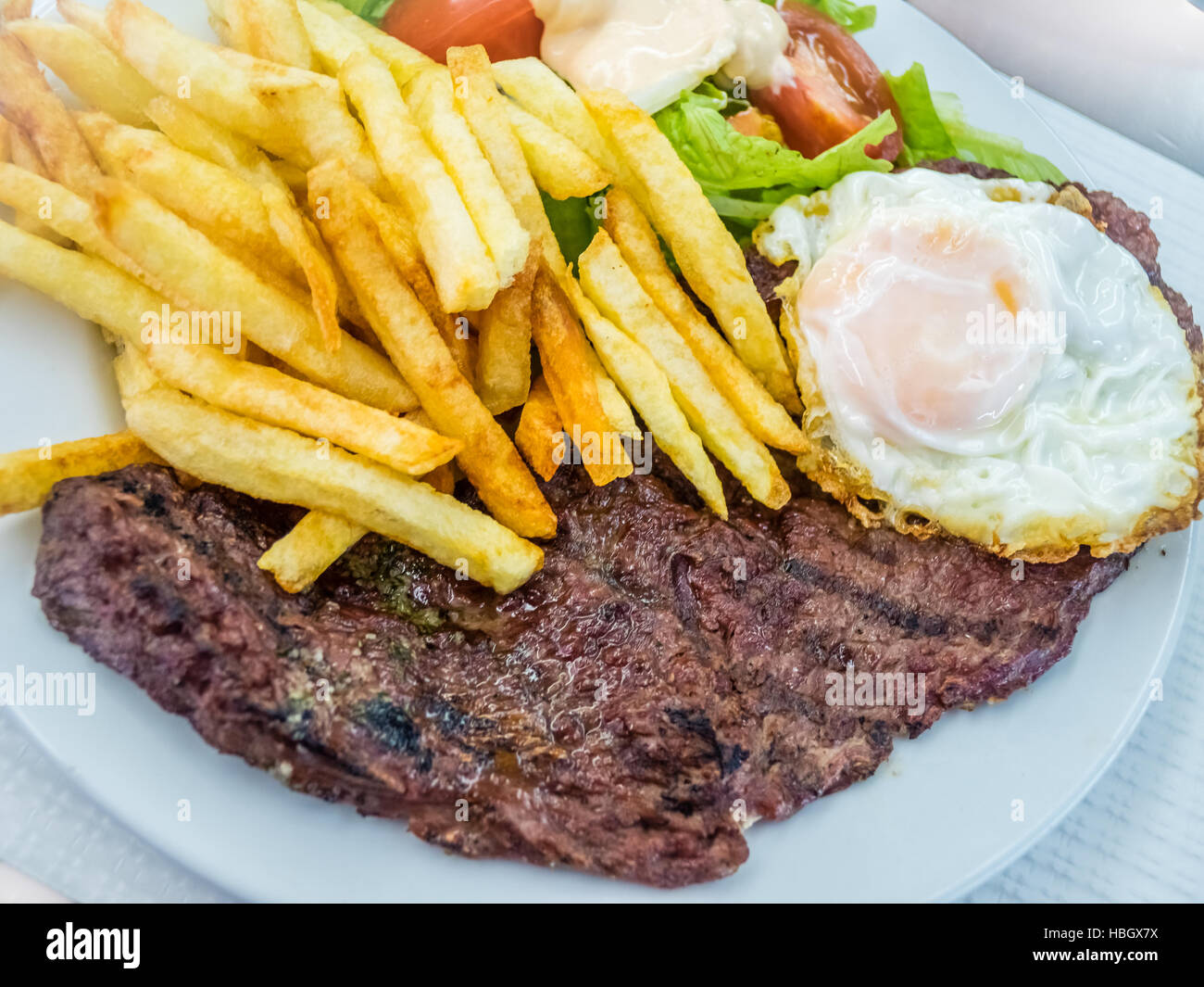 Beef steak with egg and chips Stock Photo - Alamy