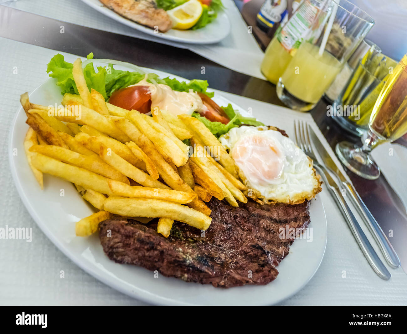 Beef steak with egg and chips Stock Photo - Alamy