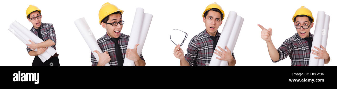Funny man with blueprints on white Stock Photo - Alamy