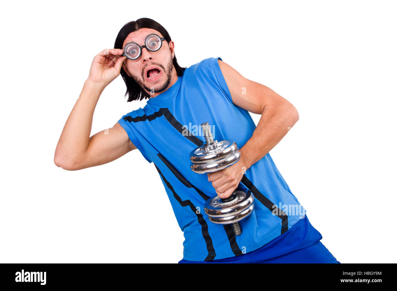 Funny guy with dumbbels on white Stock Photo - Alamy