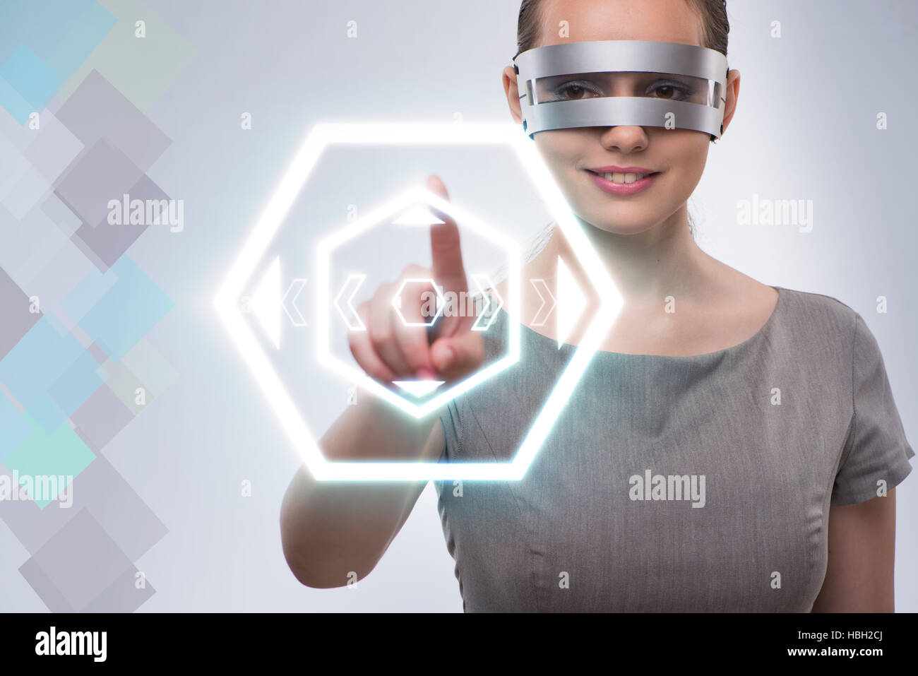 Techno girl pressing virtual buttons Stock Photo - Alamy