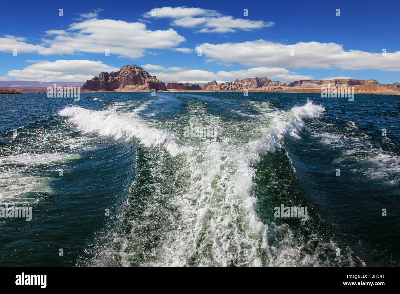 Foamy trace of a motor boat Stock Photo - Alamy