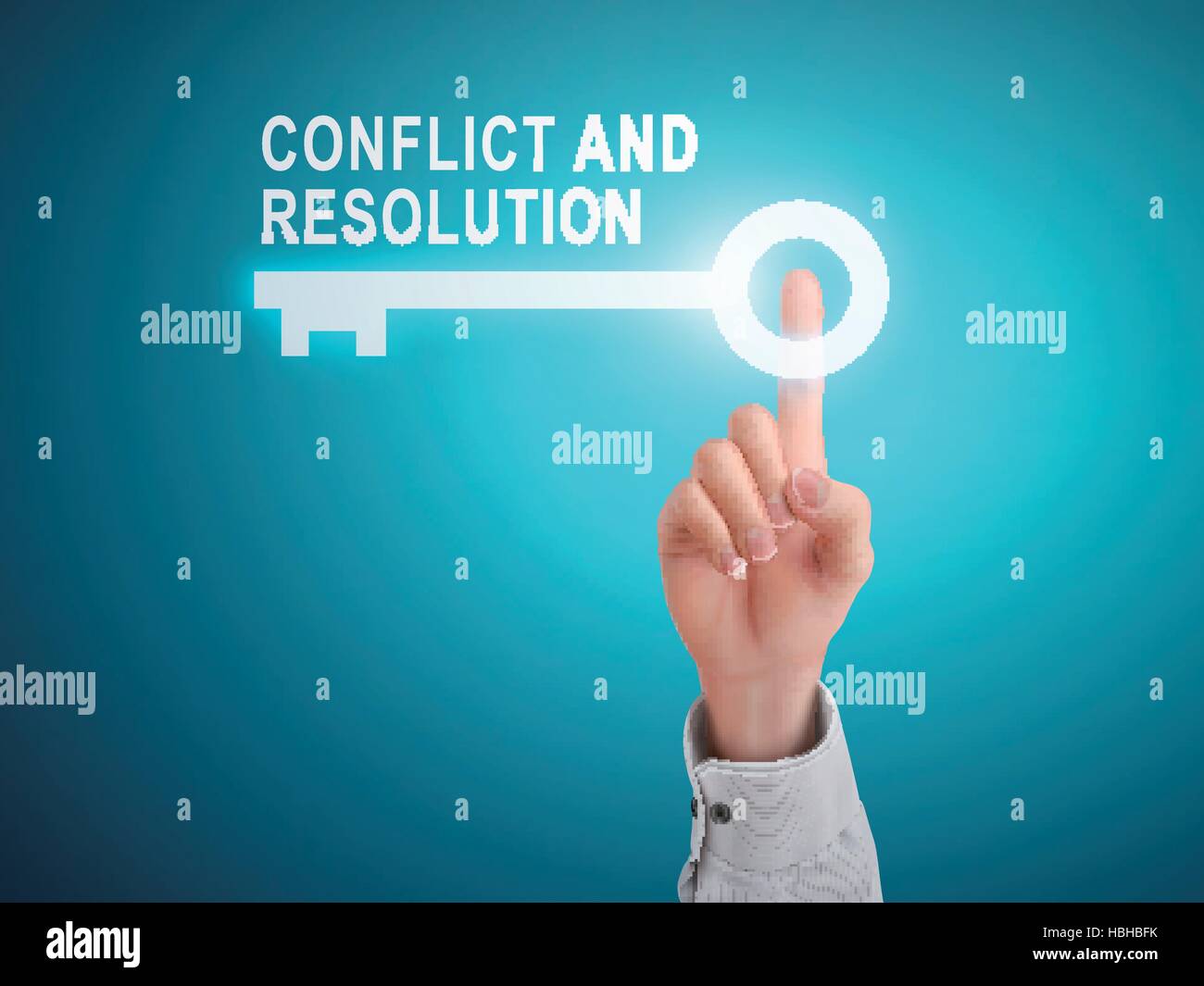 male hand pressing conflict and resolution key button over blue ...