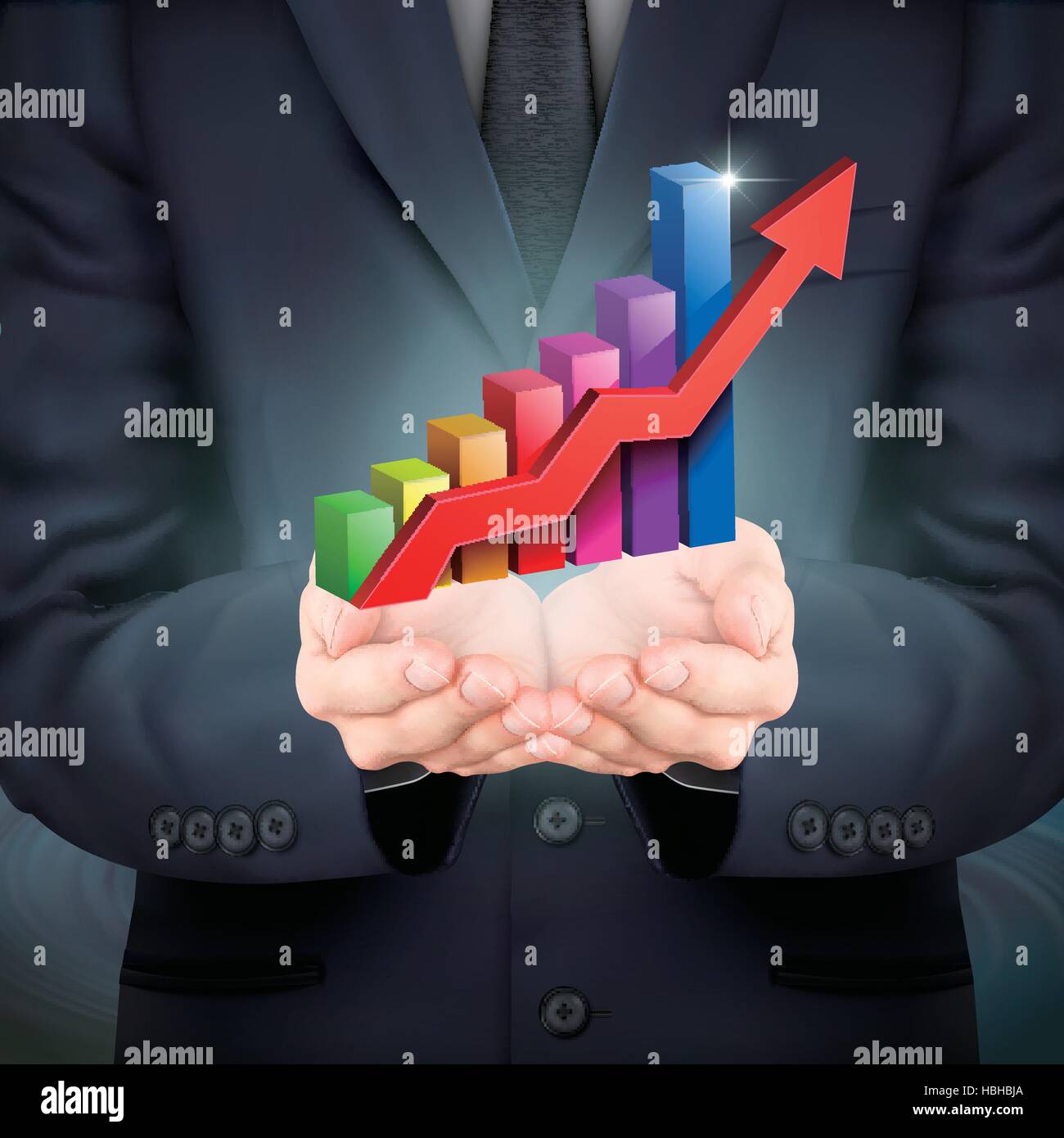 close-up look at businessman holding bar graph with rising arrow Stock ...