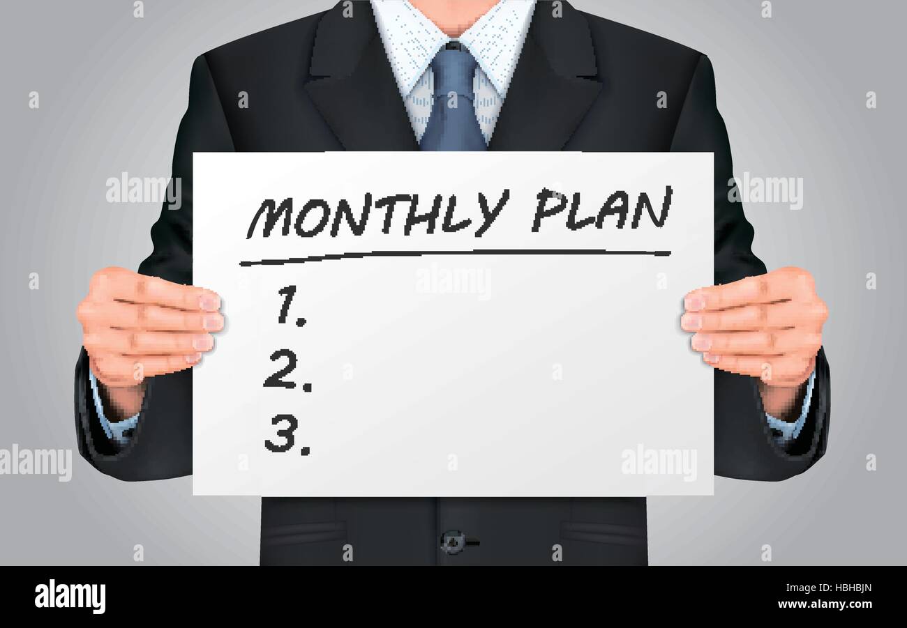 close-up look at businessman holding monthly plan words poster Stock ...