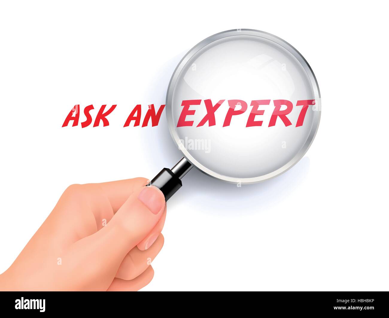 ask an expert showing through magnifying glass held by hand Stock ...