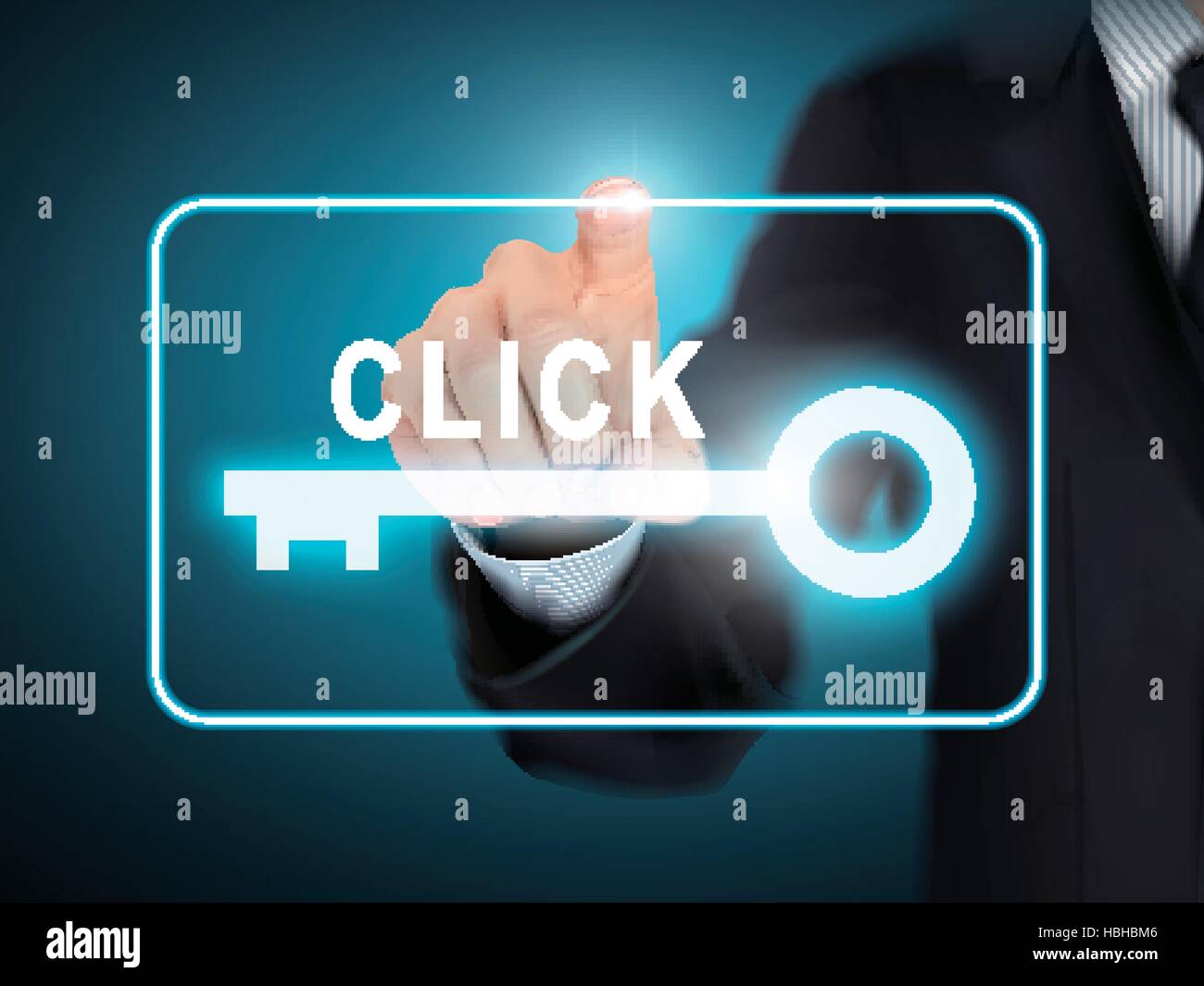 male hand pressing click key button over blue abstract background Stock ...