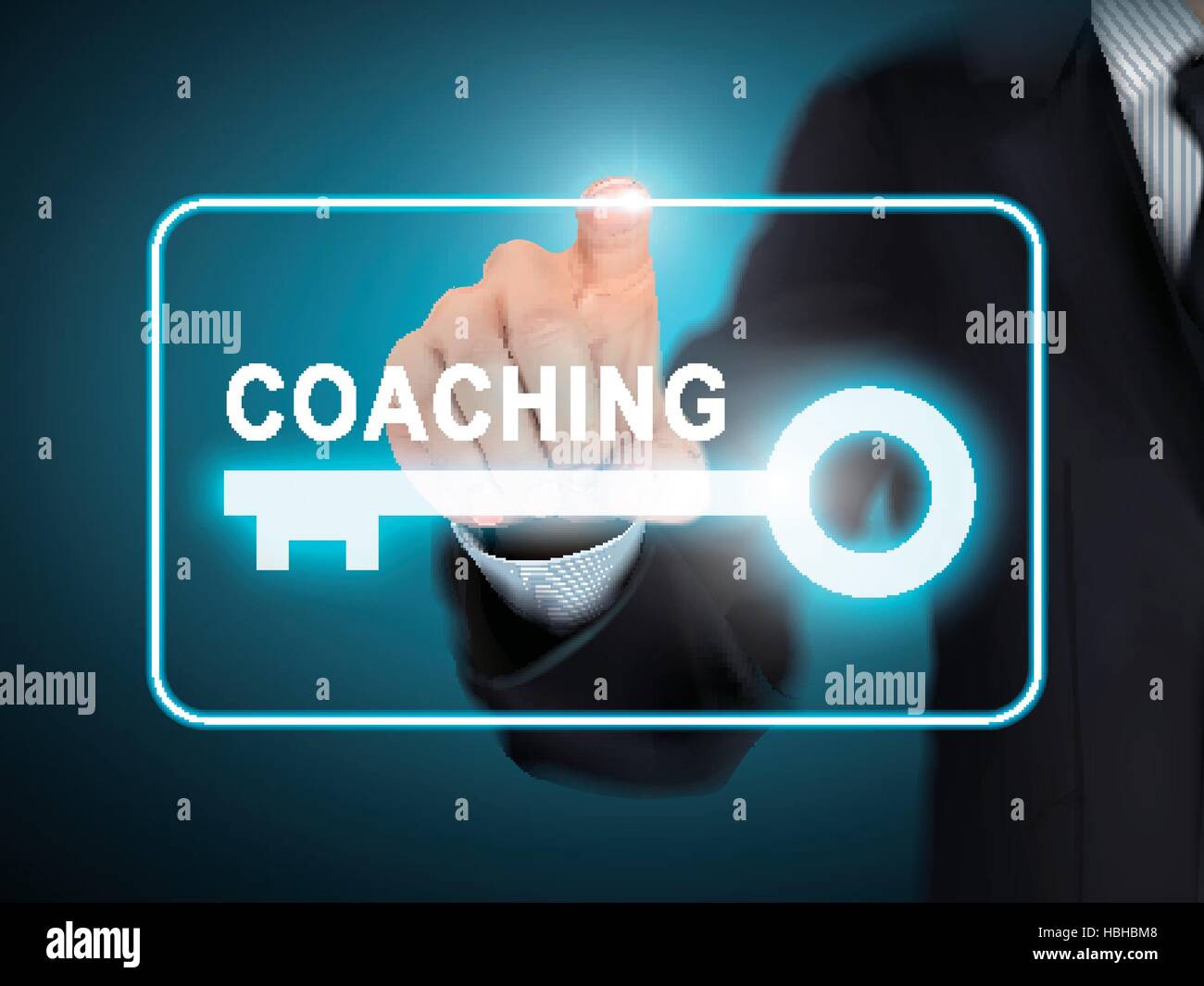 male hand pressing coaching key button over blue abstract background ...