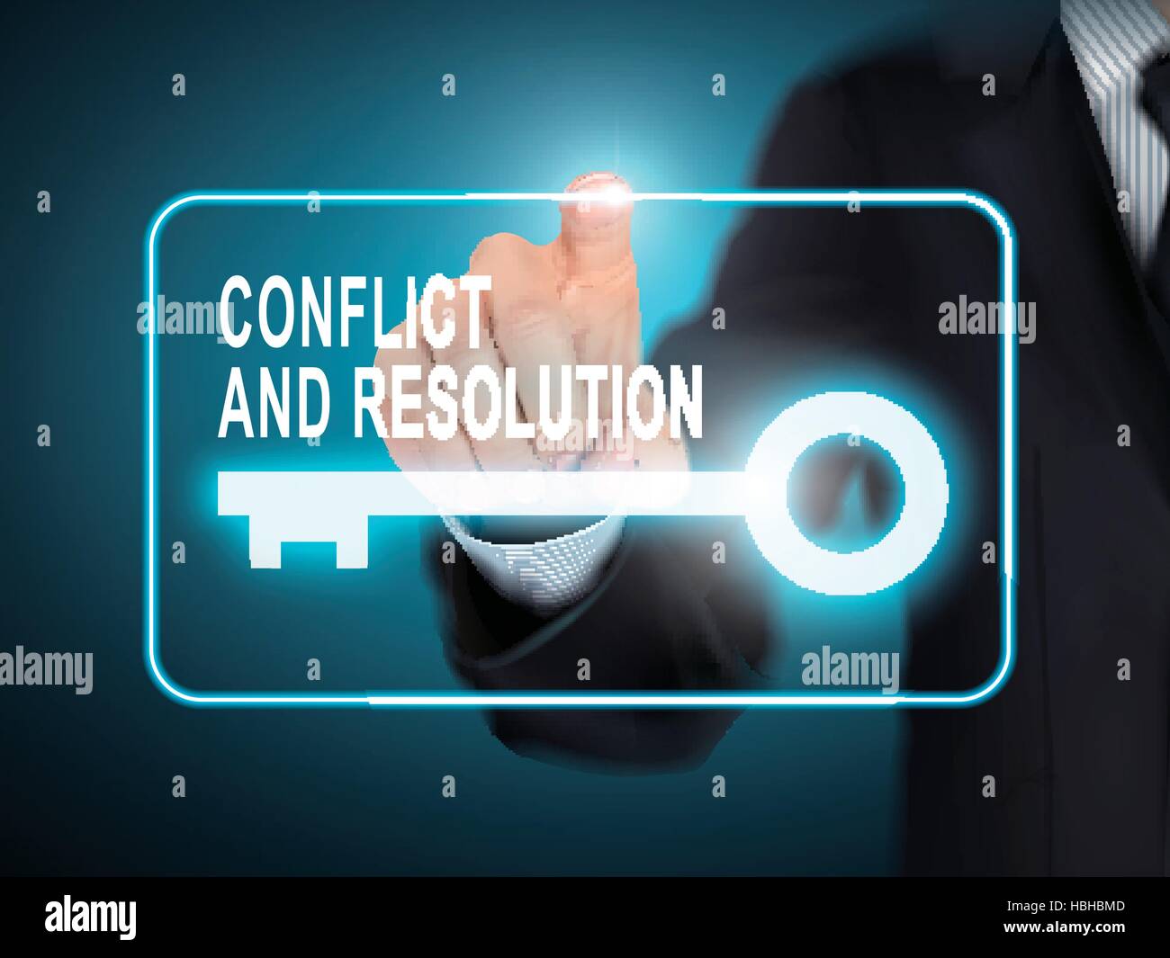 male hand pressing conflict and resolution key button over blue ...