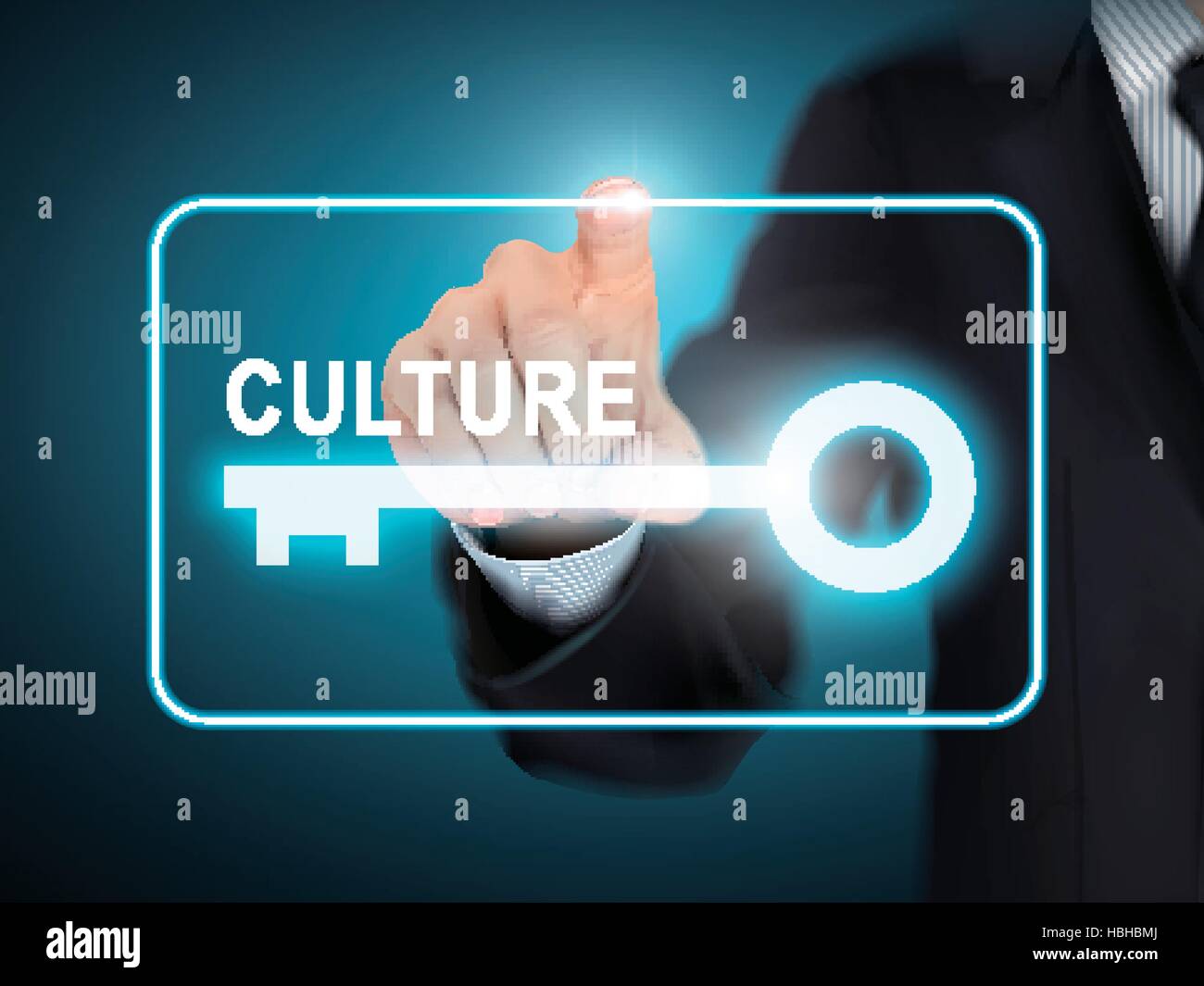 male hand pressing culture key button over blue abstract background ...