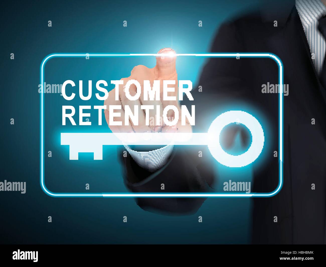 male hand pressing customer retention key button over blue abstract ...