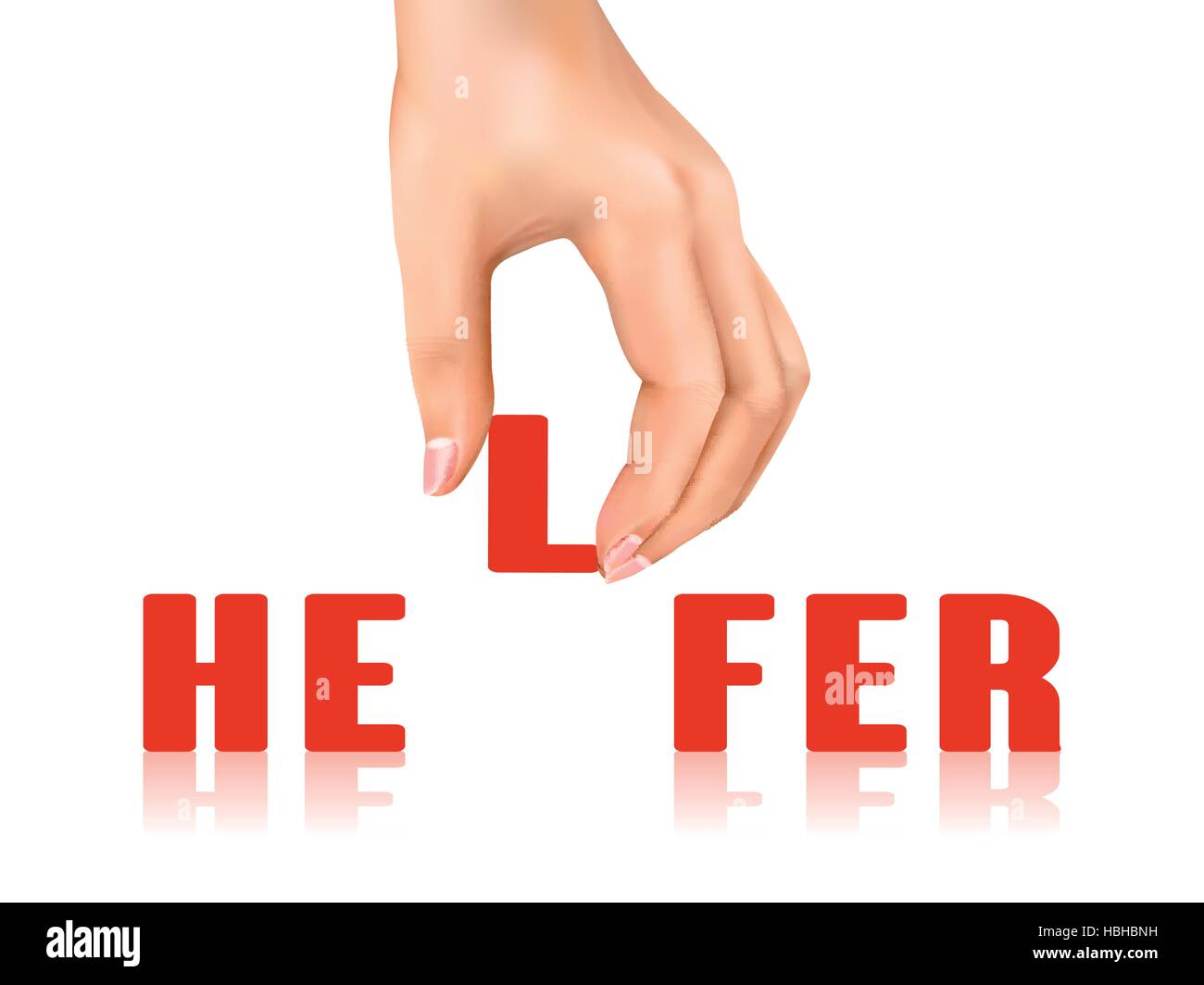 helper word in German taken away by hand over white background Stock ...