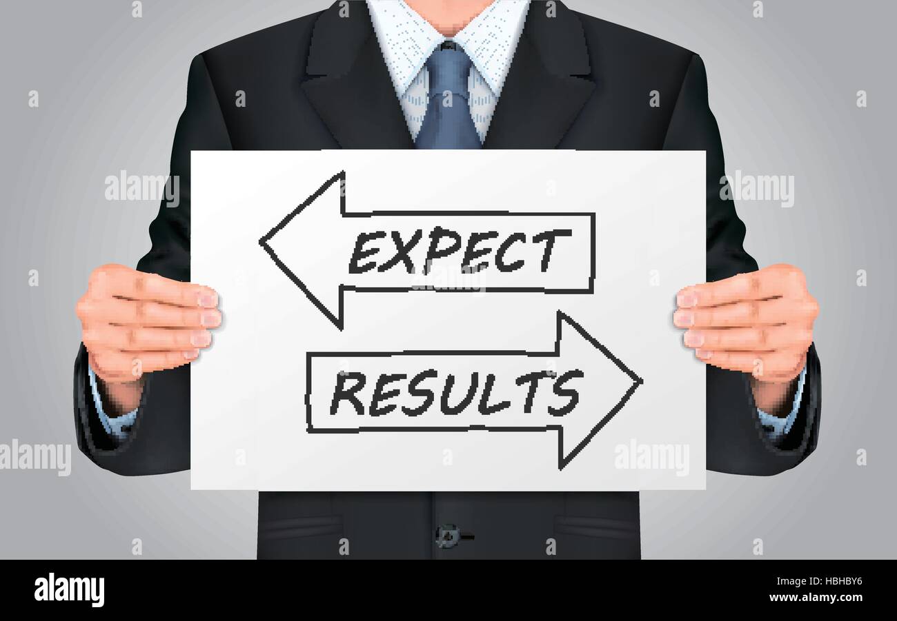 close-up look at businessman holding results and expect poster Stock ...