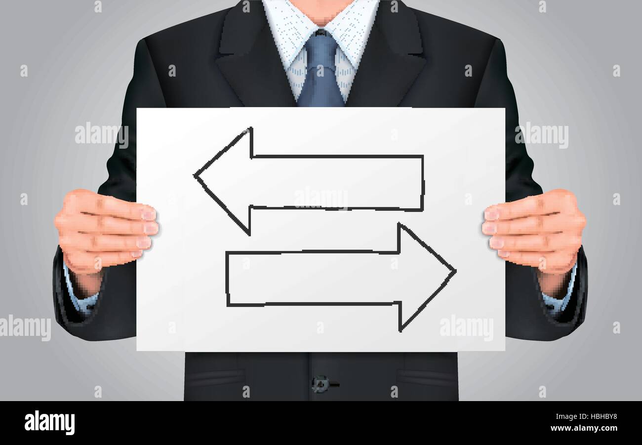 close-up look at businessman holding different directions poster Stock ...