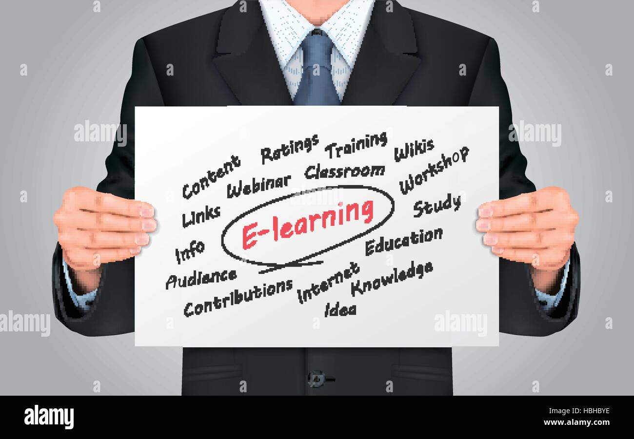 close-up look at businessman holding E-learning poster Stock Vector ...