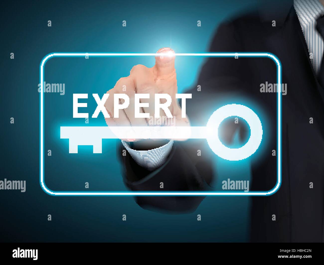 male hand pressing expert key button over blue abstract background ...