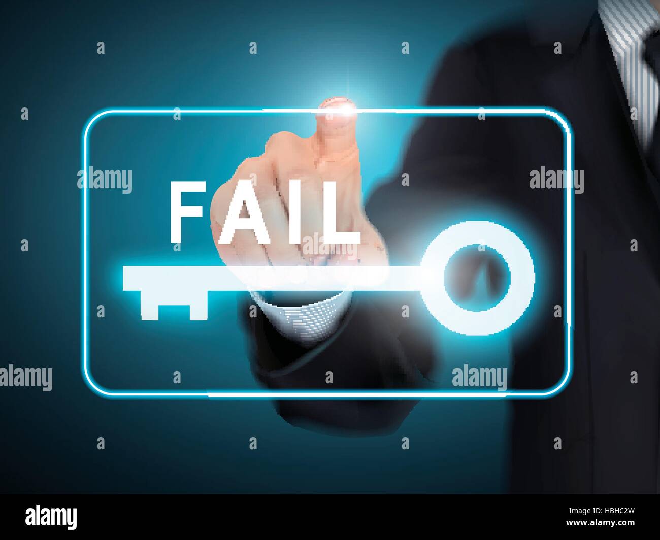 male hand pressing fail key button over blue abstract background Stock ...
