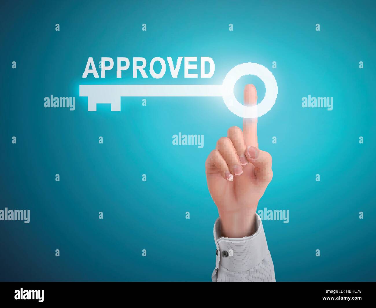male hand pressing approved key button over blue abstract background ...