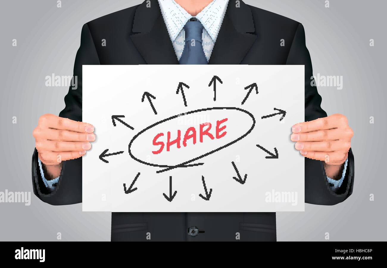 close-up look at businessman holding share word poster Stock Vector ...