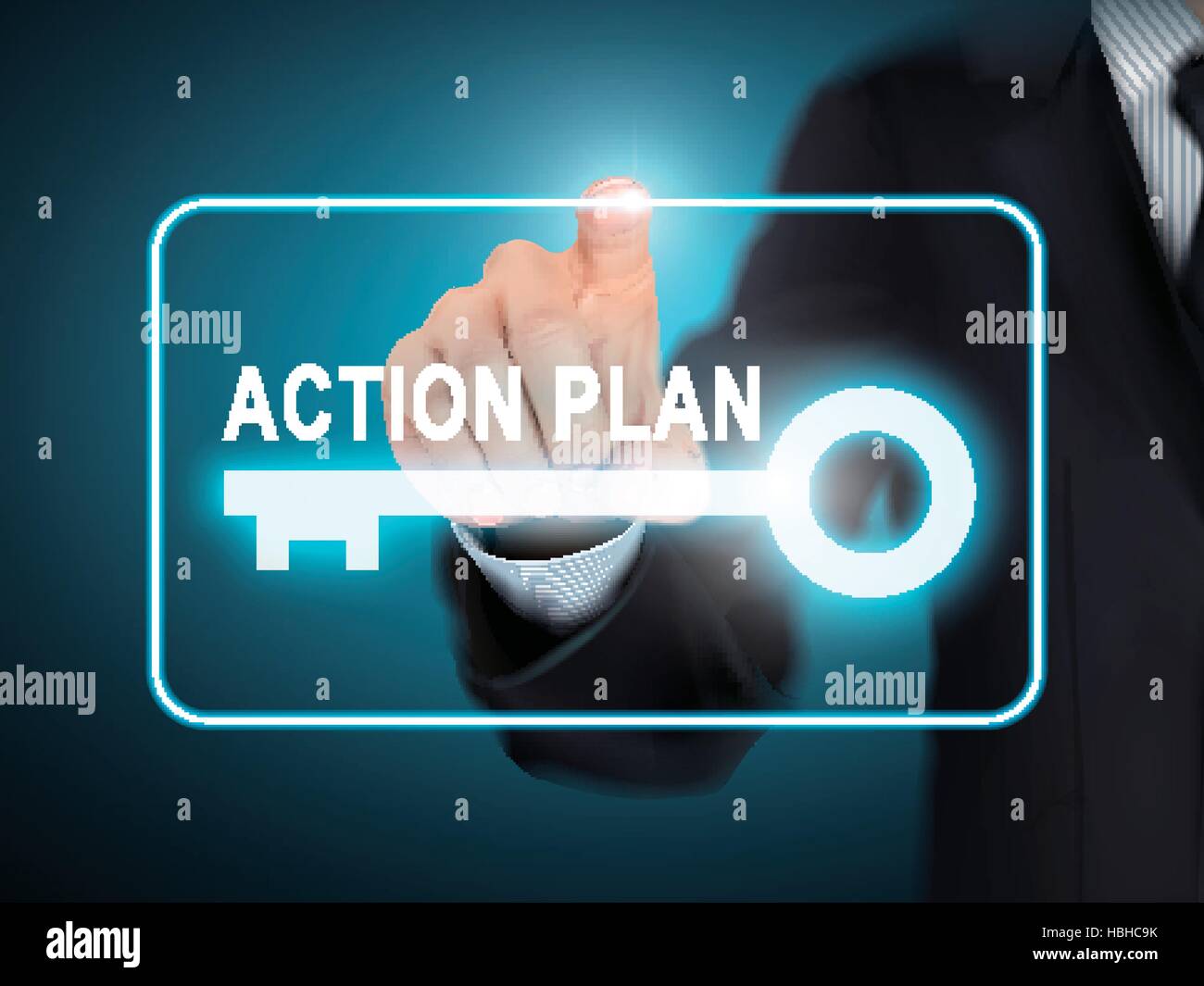 male hand pressing action plan key button over blue abstract background ...
