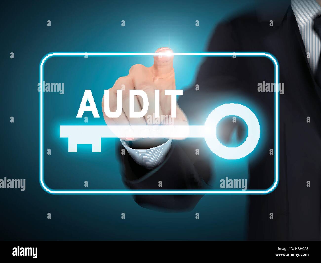 male hand pressing audit key button over blue abstract background Stock ...
