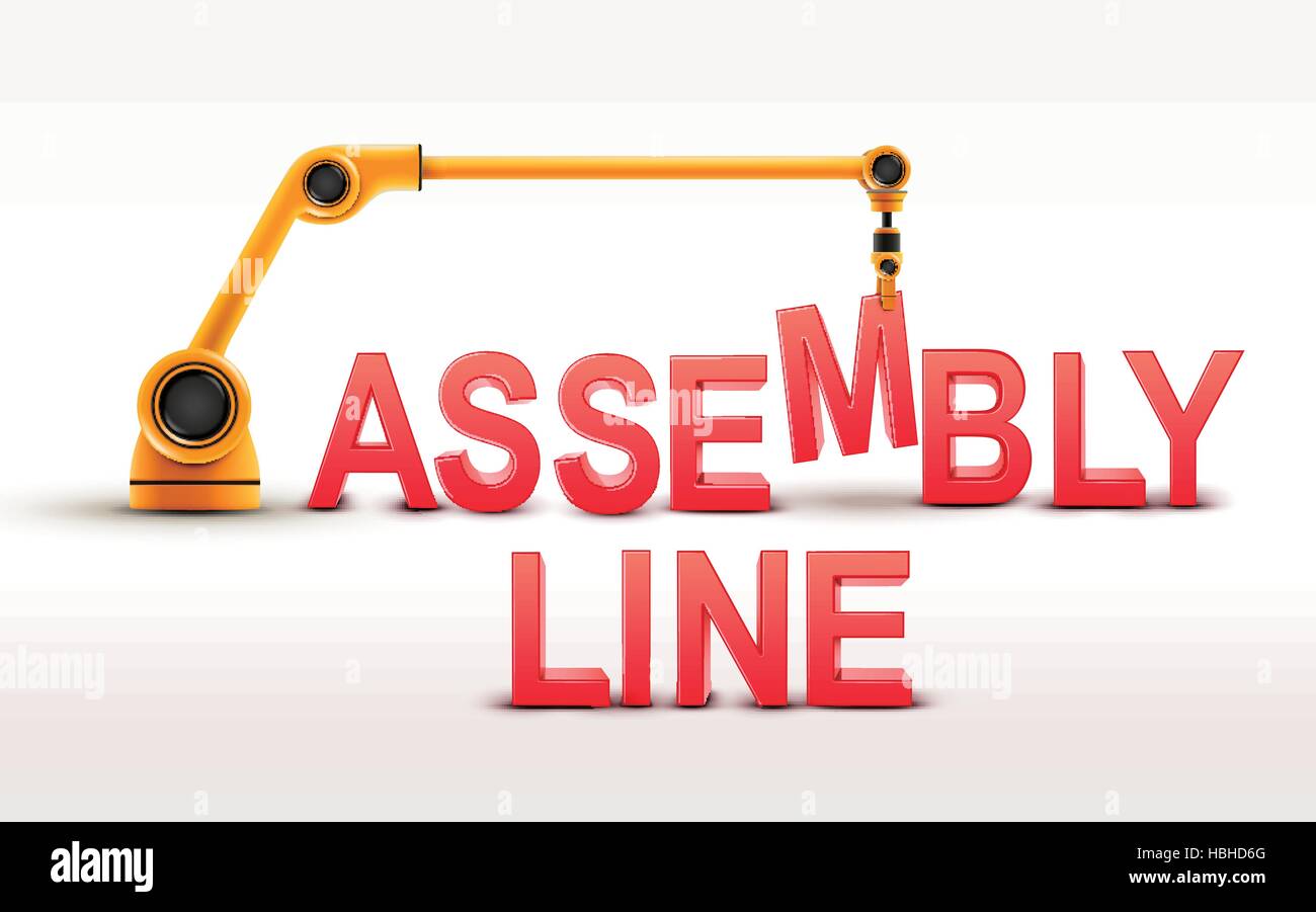 industrial robotic arm building ASSEMBLY LINE word on white background ...
