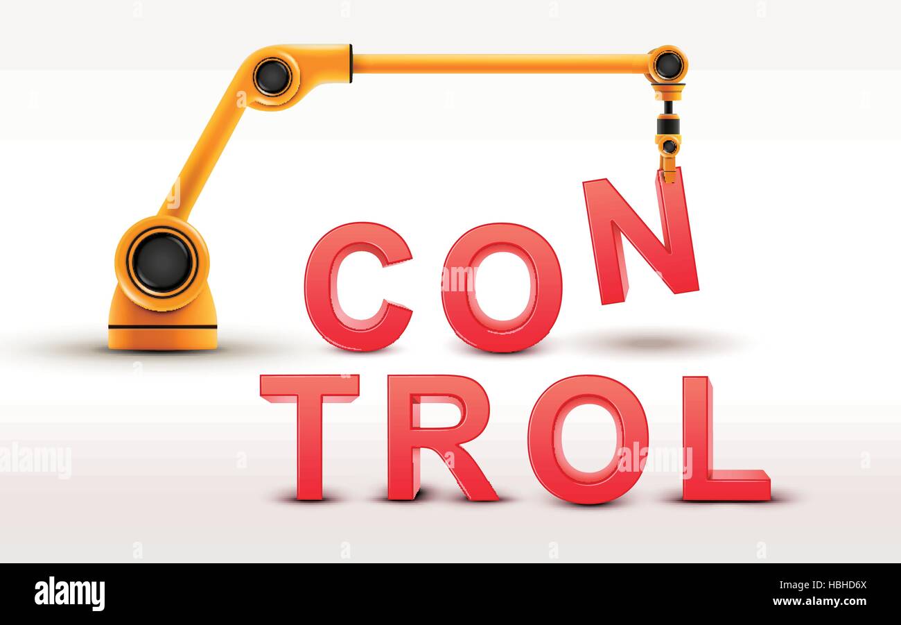 industrial robotic arm building CONTROL word on white background Stock ...