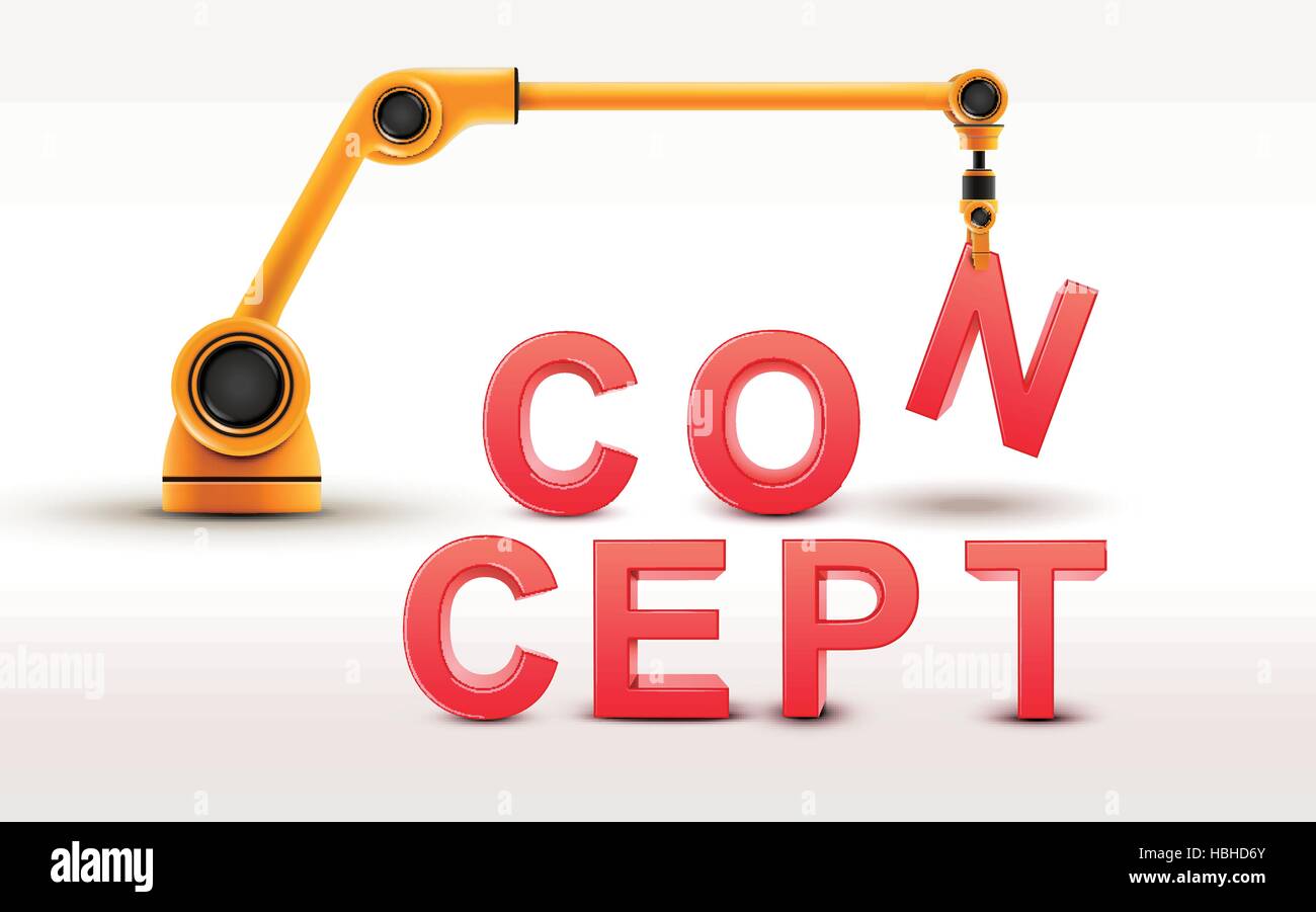 industrial robotic arm building CONCEPT word on white background Stock ...