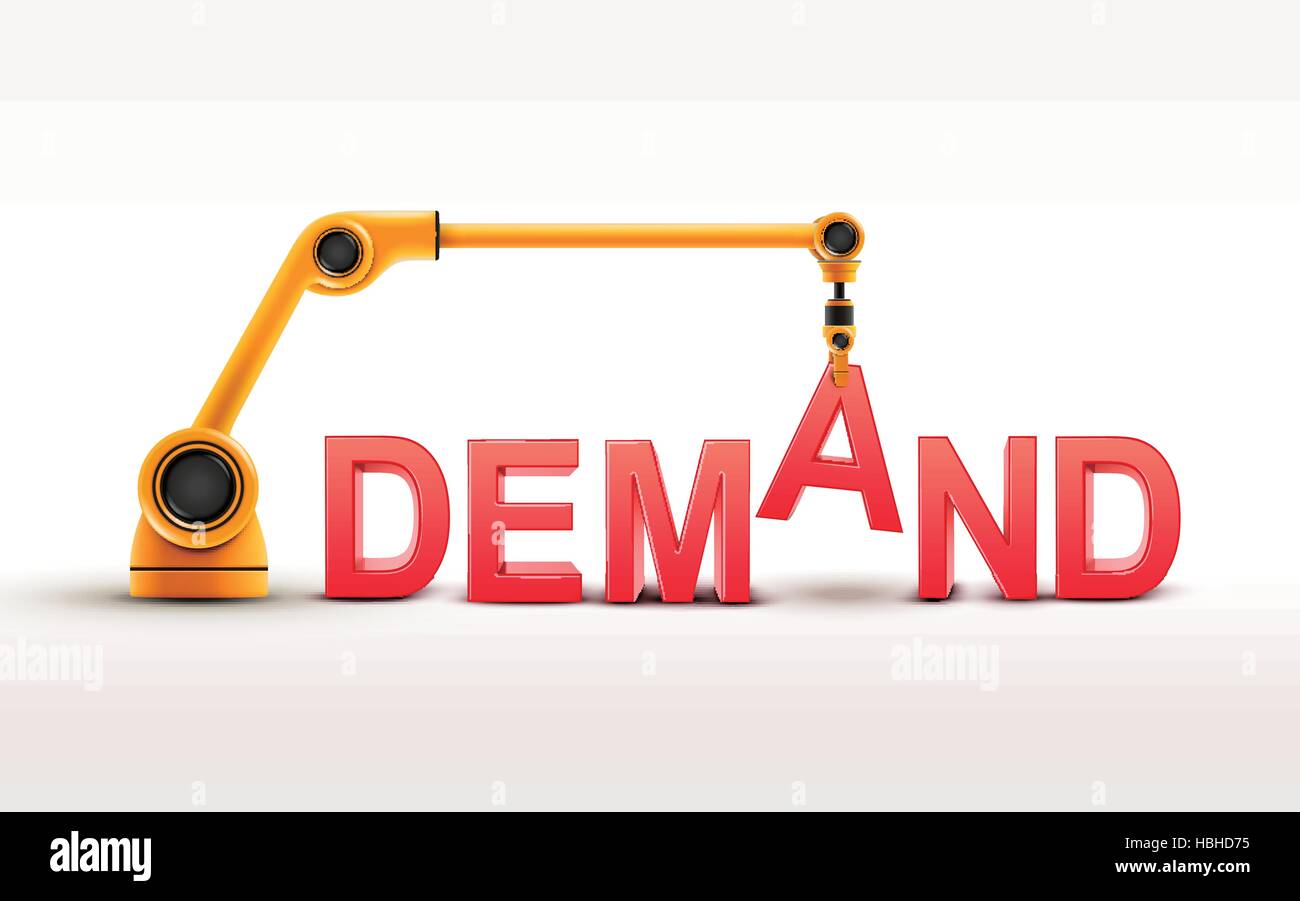 industrial robotic arm building DEMAND word on white background Stock ...
