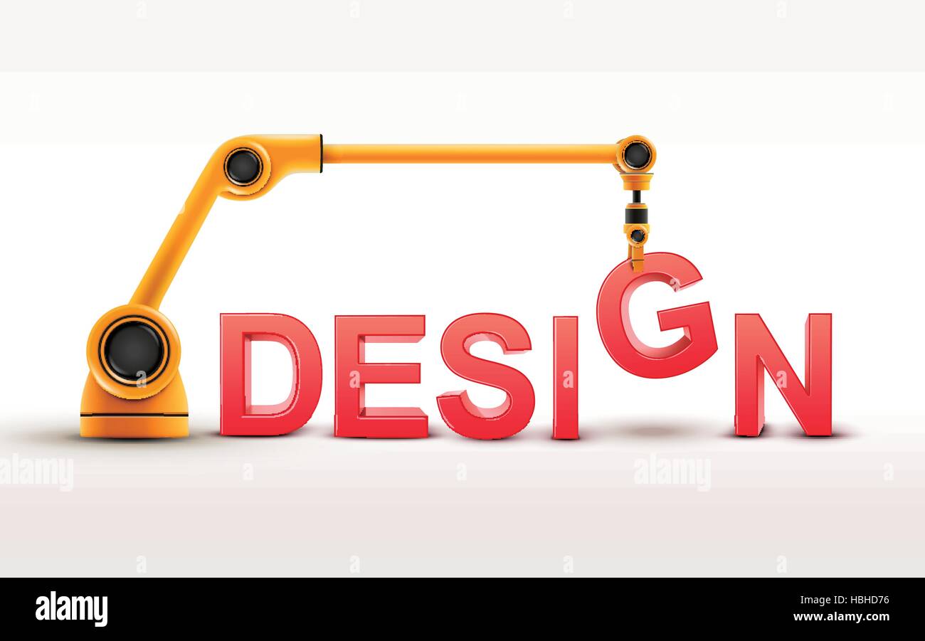 industrial robotic arm building DESIGN word on white background Stock ...