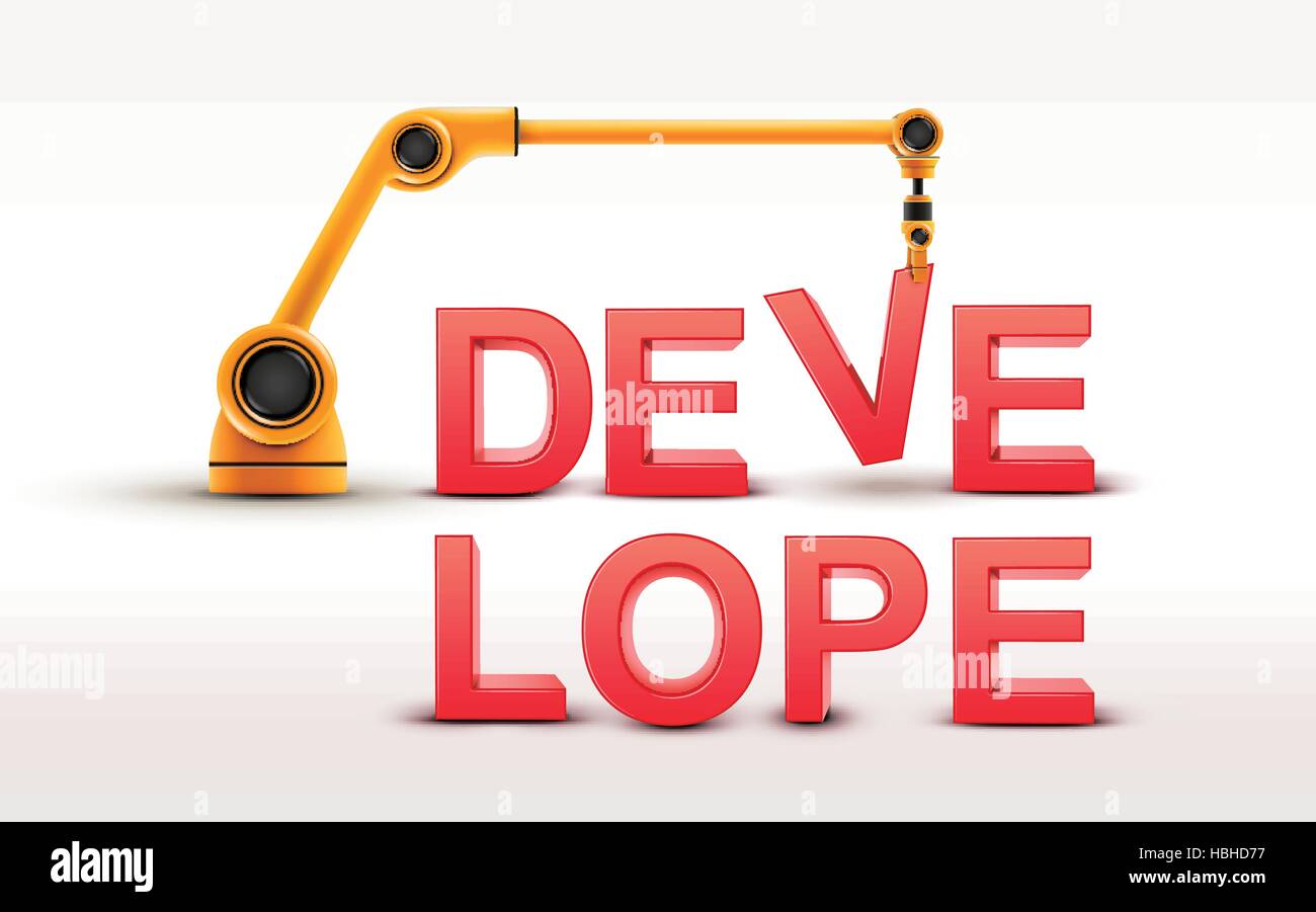 industrial robotic arm building DEVELOP word on white background Stock ...