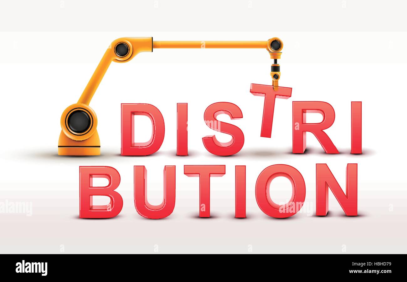 industrial robotic arm building DISTRIBUTION word on white background ...