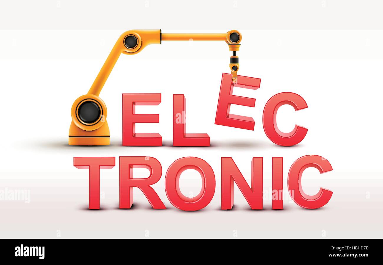 industrial robotic arm building ELECTRONIC word on white background ...