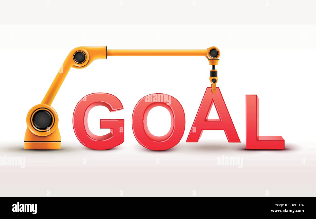 industrial robotic arm building GOAL word on white background Stock ...
