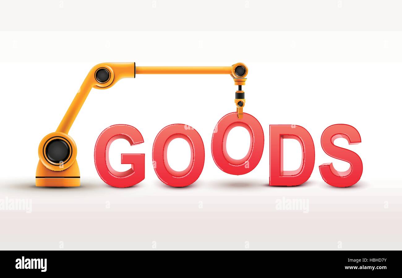 industrial robotic arm building GOODS word on white background Stock ...