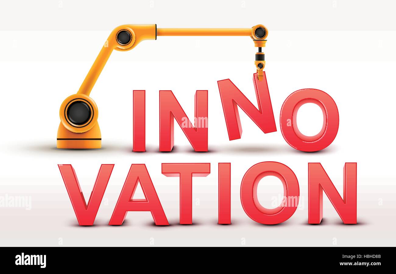 industrial robotic arm building INNOVATION word on white background ...