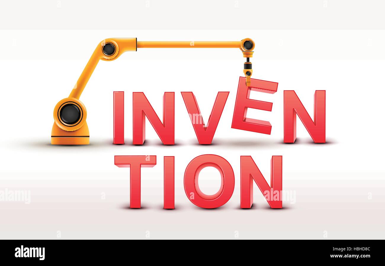 industrial robotic arm building INVENTION word on white background ...