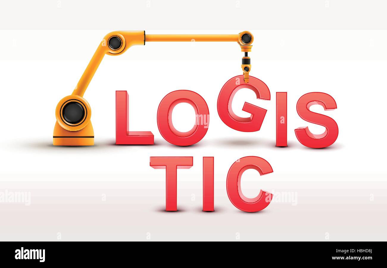 industrial robotic arm building LOGISTIC word on white background Stock ...