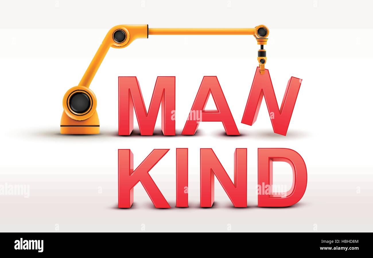 industrial robotic arm building MANKIND word on white background Stock ...