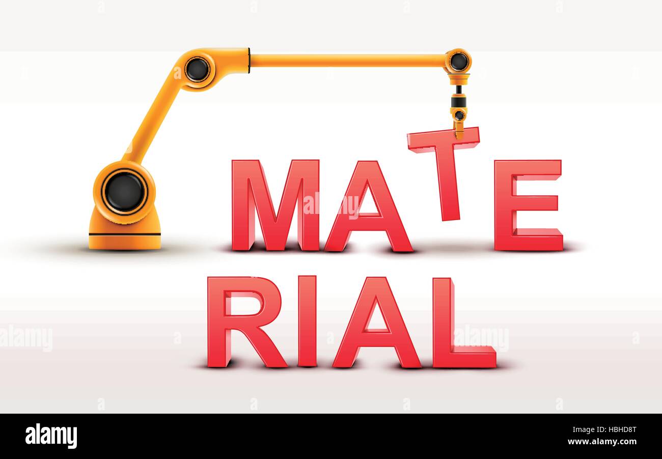 industrial robotic arm building MATERIAL word on white background Stock ...