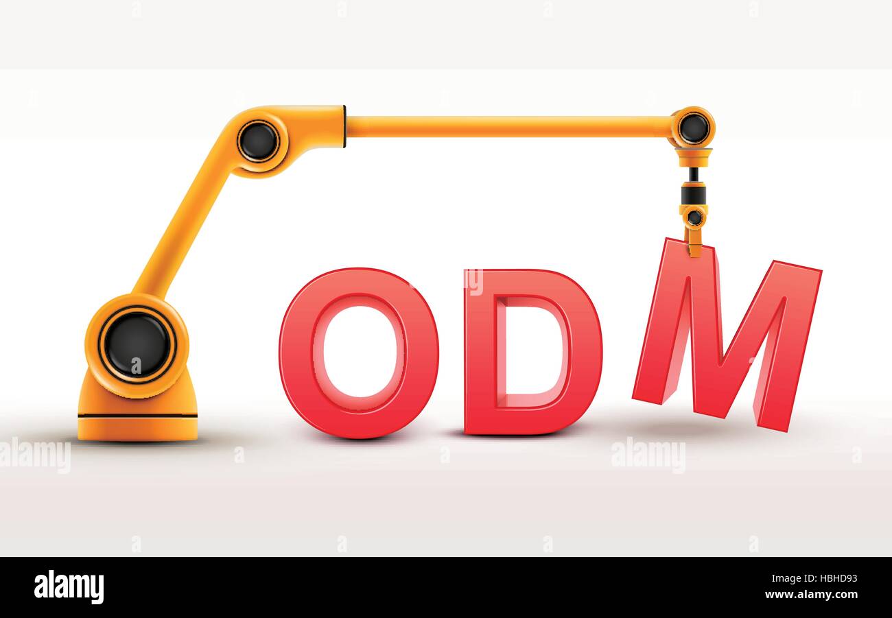 industrial robotic arm building ODM word on white background Stock ...